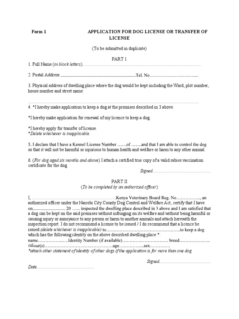 Form 1 Application Renewal of Dog License | PDF