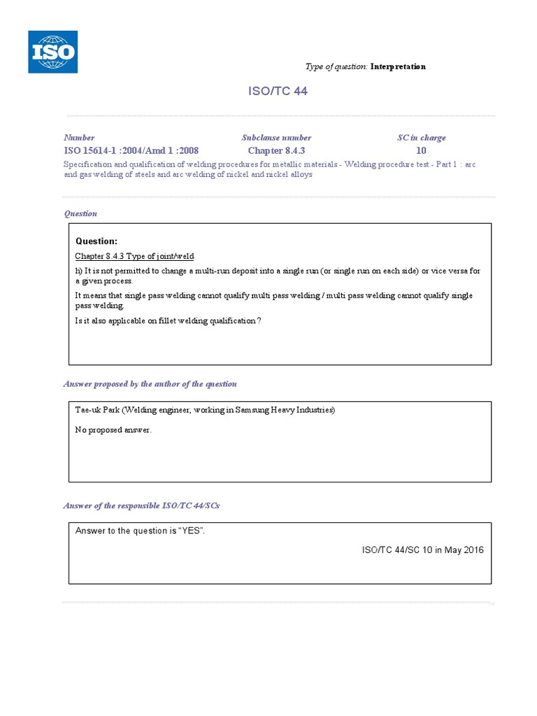 Merkblatt ISO 15614-1 Offizielle Interpretationen | PDF