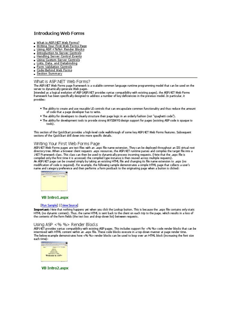 An Introduction To Key Asp Web Forms Concepts And Features Pdf Dynamic Web Page Active