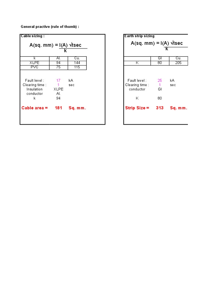 Cable Earthing Sizing Thumbrule Calculation Excel Spreadsheet | PDF