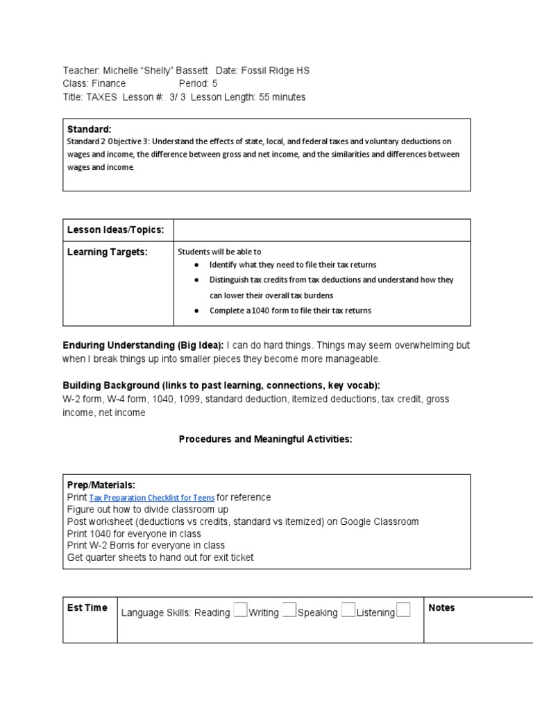 Understanding Taxes: Lesson 3 Overview | PDF | Irs Tax Forms | Worksheet