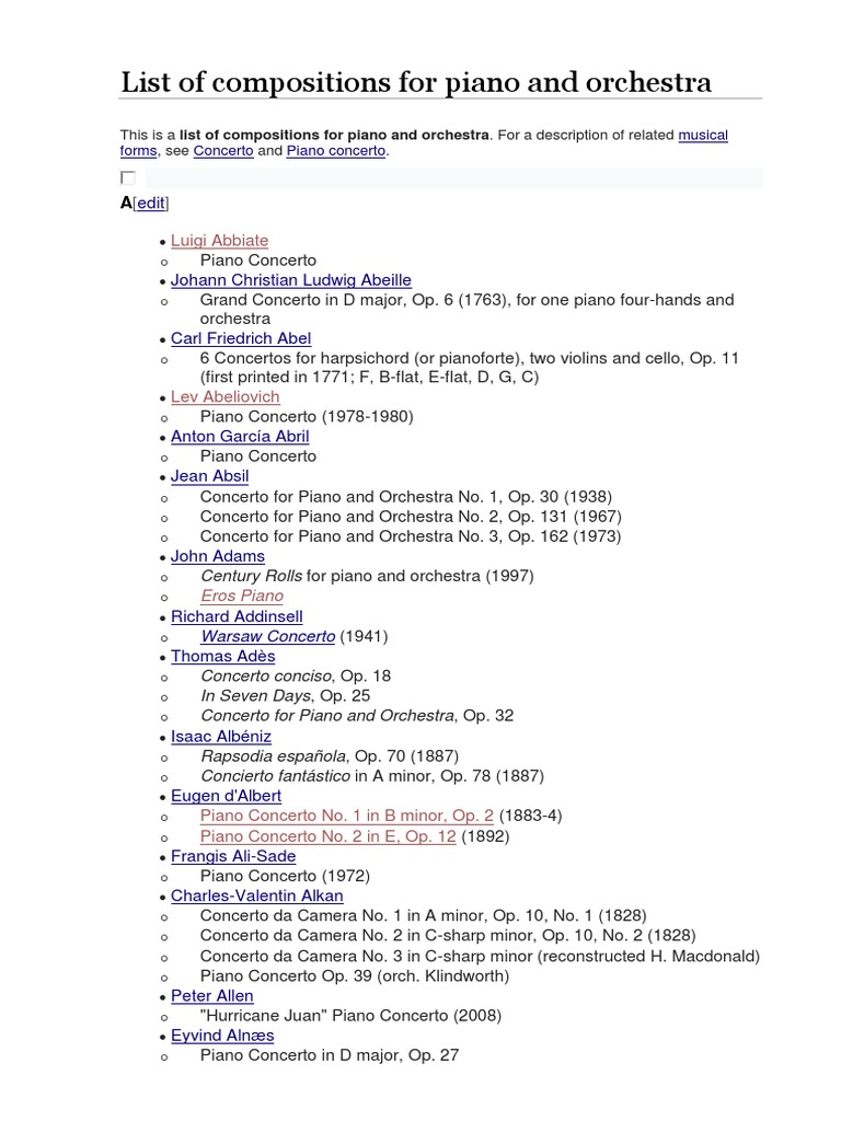 List of Compositions For Piano and Orchestra | PDF | Concerto ...