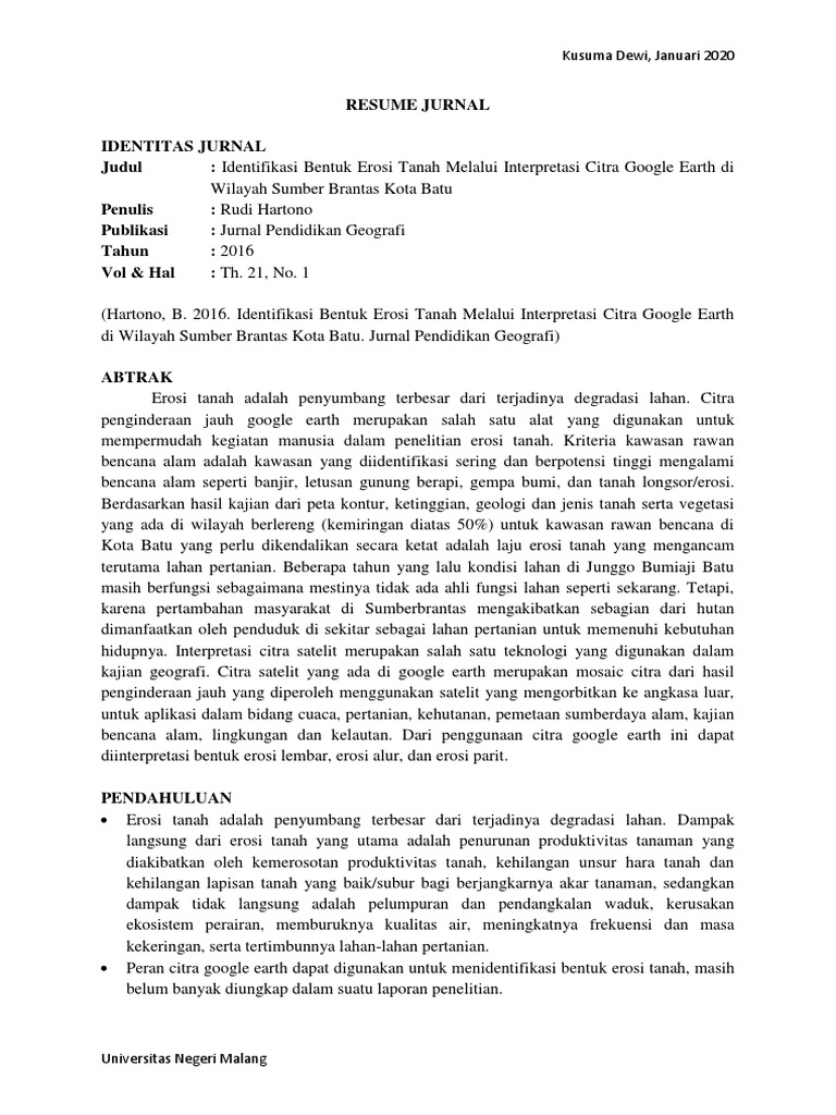 RESUME JURNAL (Hartono, B. 2016. Identifikasi Bentuk Erosi Tanah ...