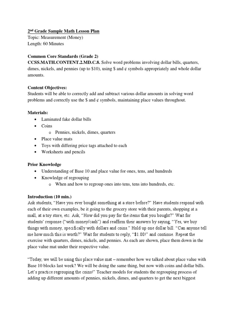 Sample Math Lesson Plan Grade 2 | PDF | Nickel (United States Coin) | Penny