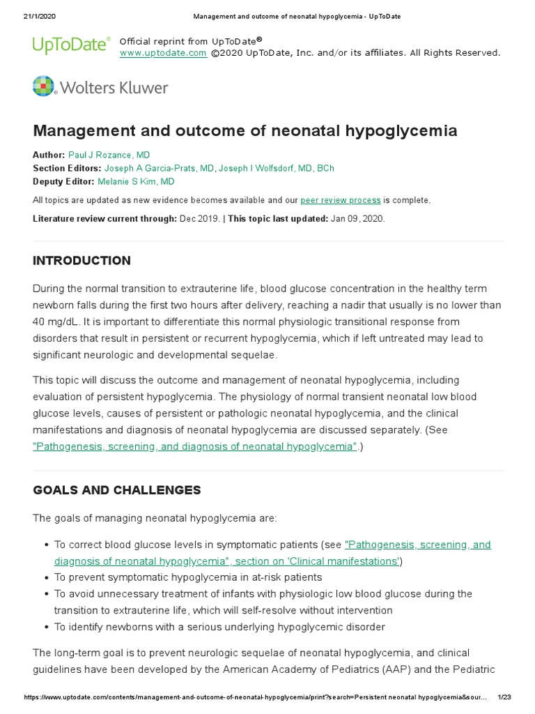 2019 Management and Outcome of Neonatal Hypoglycemia - UpToDate | PDF ...