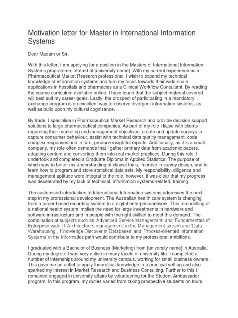 Motivation letter for Master in International Information Systems ...
