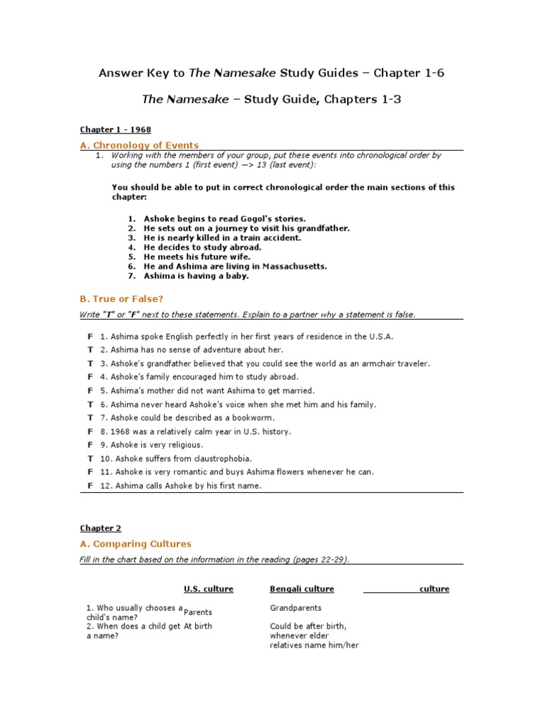 The Namesake Study Guide: Chapters 1-6 | PDF
