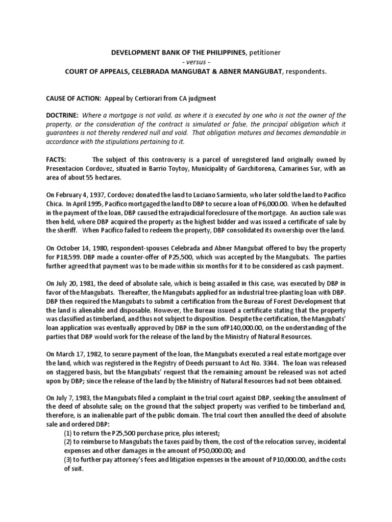 DBP Vs CA - Case Digest (Credit Transactions) | PDF | Mortgage Law ...