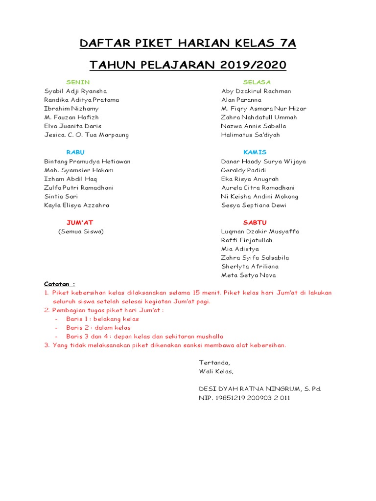 Daftar Piket Harian Kelas 7a | PDF