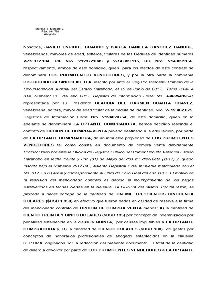Rescinsion Opción Compra Venta | PDF | Gobierno