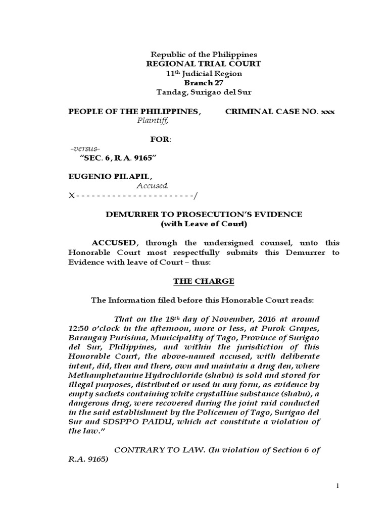 Sample Demurrer To Evidence | PDF | Search Warrant | Prosecutor