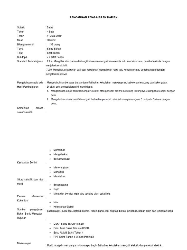 RPH Sains Tahun 4 | PDF