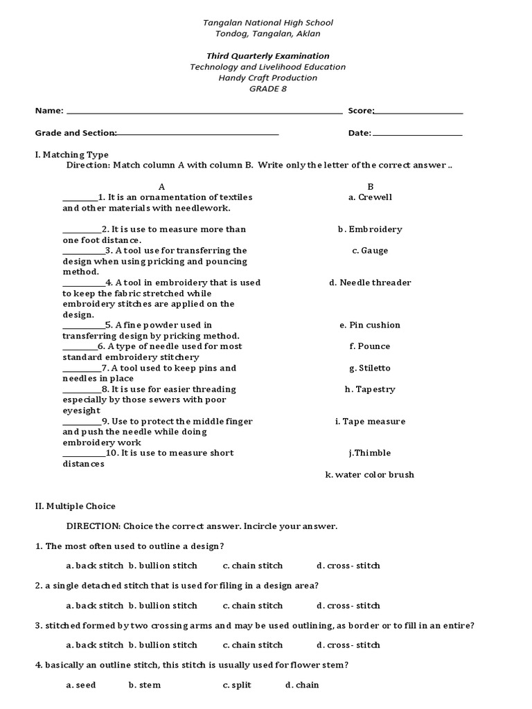 Grade 8 Handicraft Exam | PDF | Embroidery | Sewing