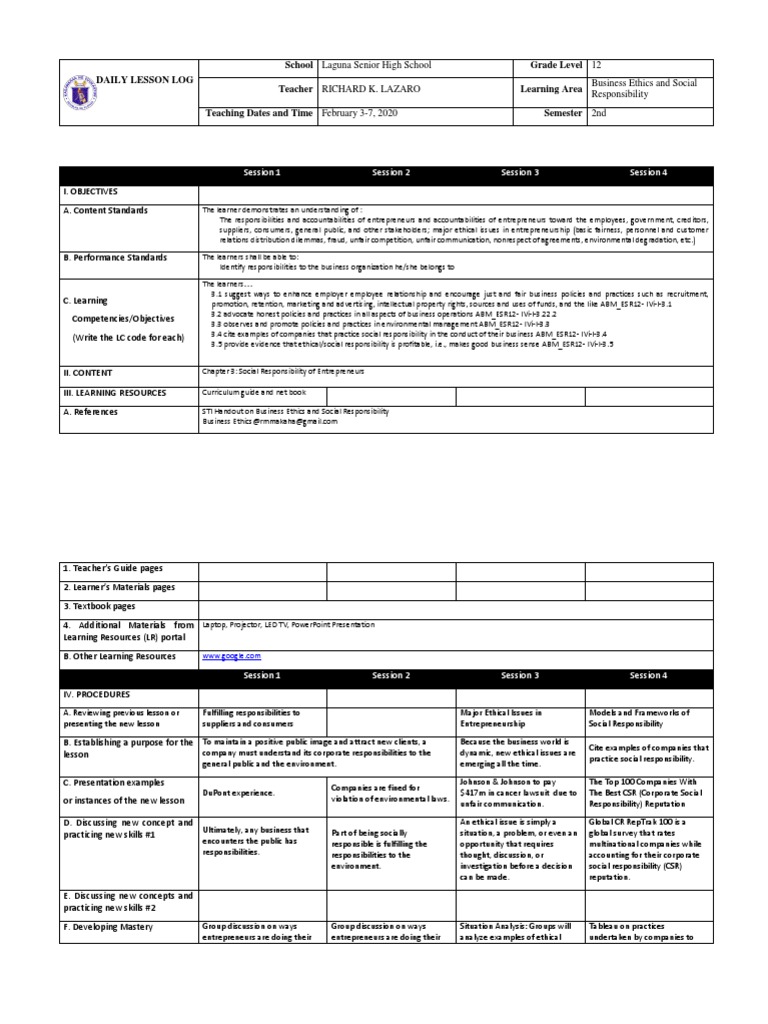 Business Ethics Lesson Plan Overview | PDF | Corporate Social ...