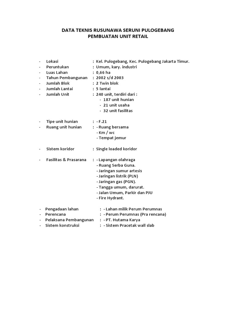 Data Teknis Rusunawa | PDF