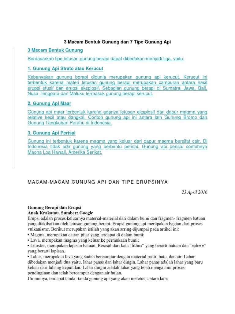 3 Macam Bentuk Gunung Dan 7 Tipe Gunung Api | PDF | Ilmu Sosial | Sains ...