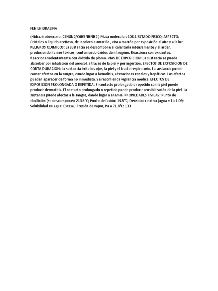 FENILHIDRAZINA | PDF | Salud y bienestar | Ciencia y matemáticas