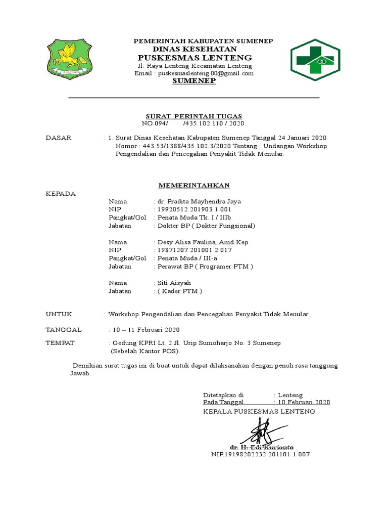 Surat Tugas Workshop Dr. Hendra & Mbak Desy AF | PDF