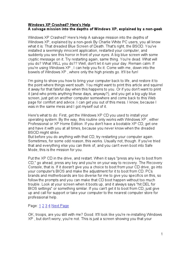Windows XP Crashed | PDF | Operating System Technology | Microsoft Software
