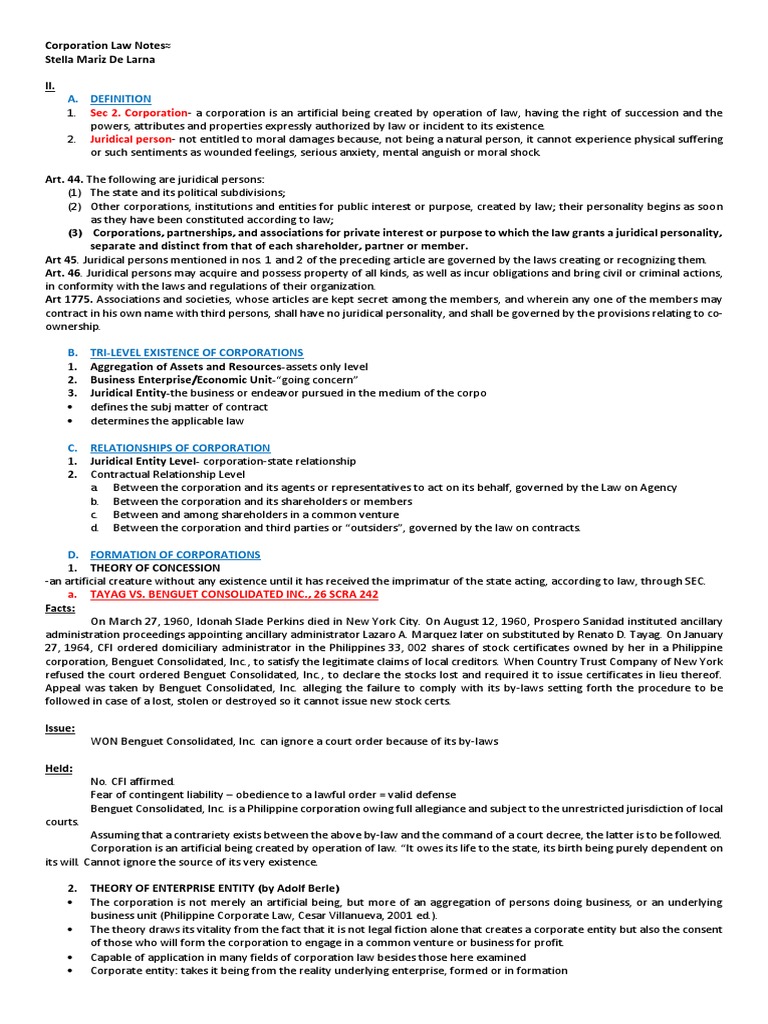 Corporation Law Notes | PDF | Corporations | Corporate Law
