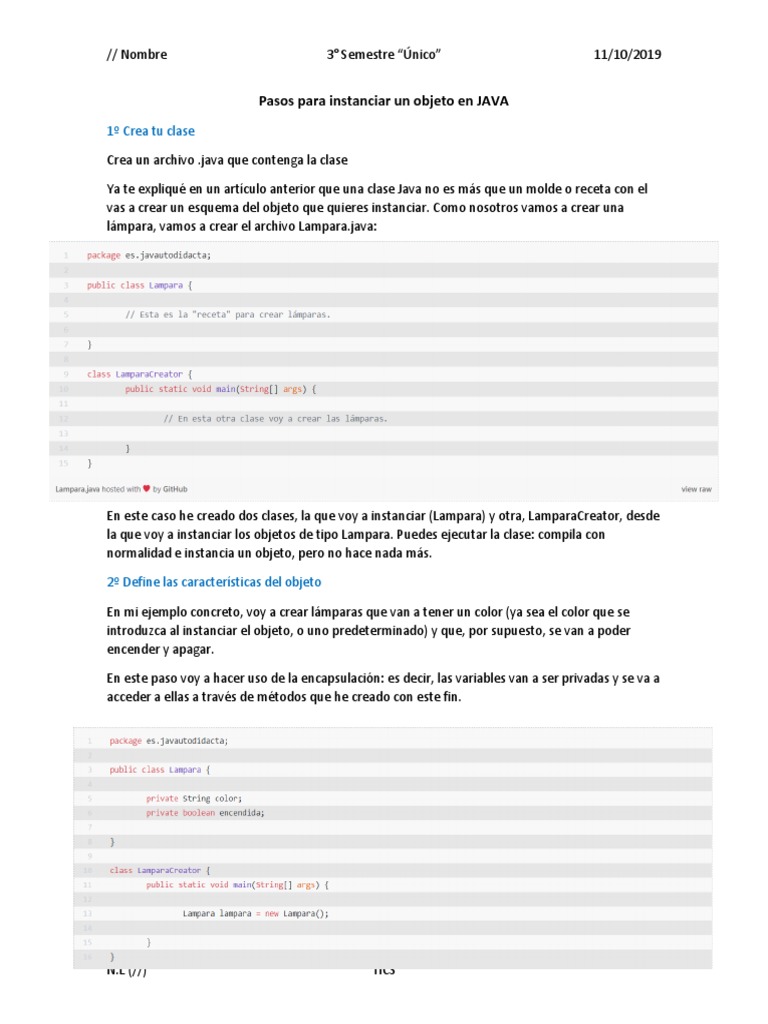 Pasos para instanciar un objeto en Java: crear una clase, definir sus ...