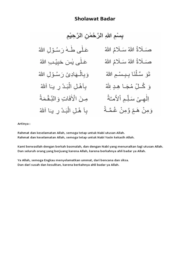 Sholawat Badar: Lirik dan Artinya | PDF