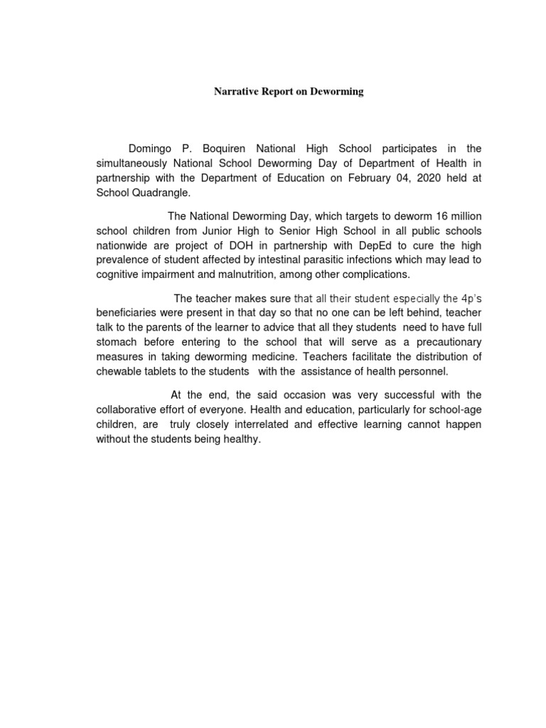 Narrative Report On DEWORMING | PDF