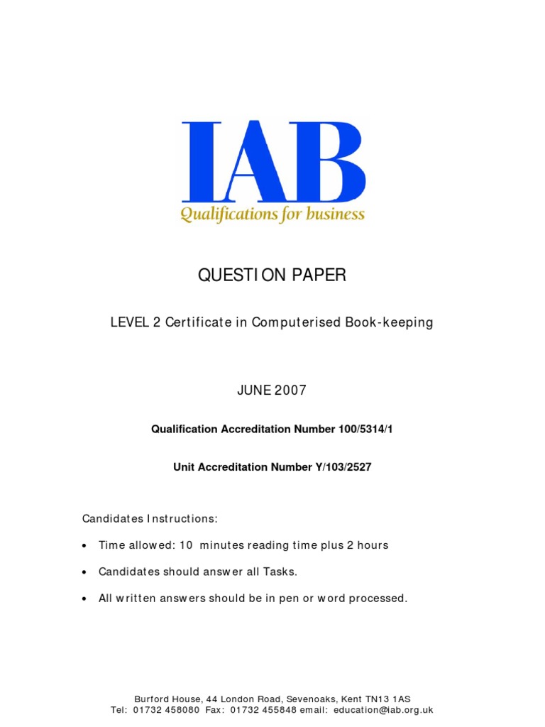 Level 2 Certificate in Computer Is Ed Book-Keeping Question Paper June ...