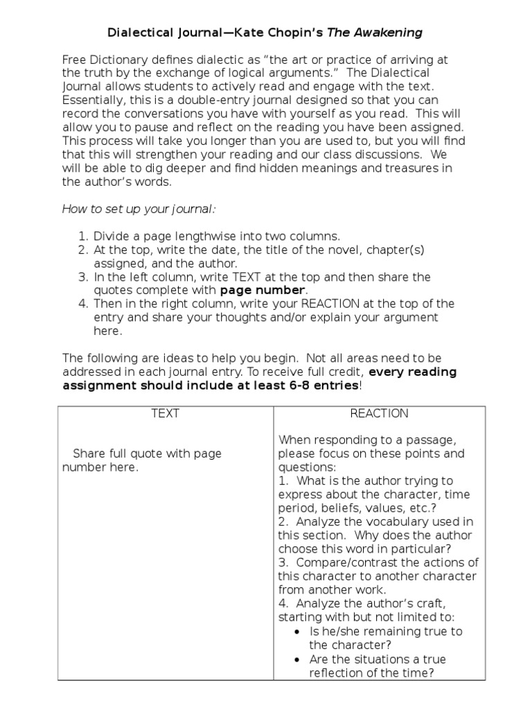 Awakening Dialectical Journal | PDF | Dialectic | The Awakening (Chopin ...