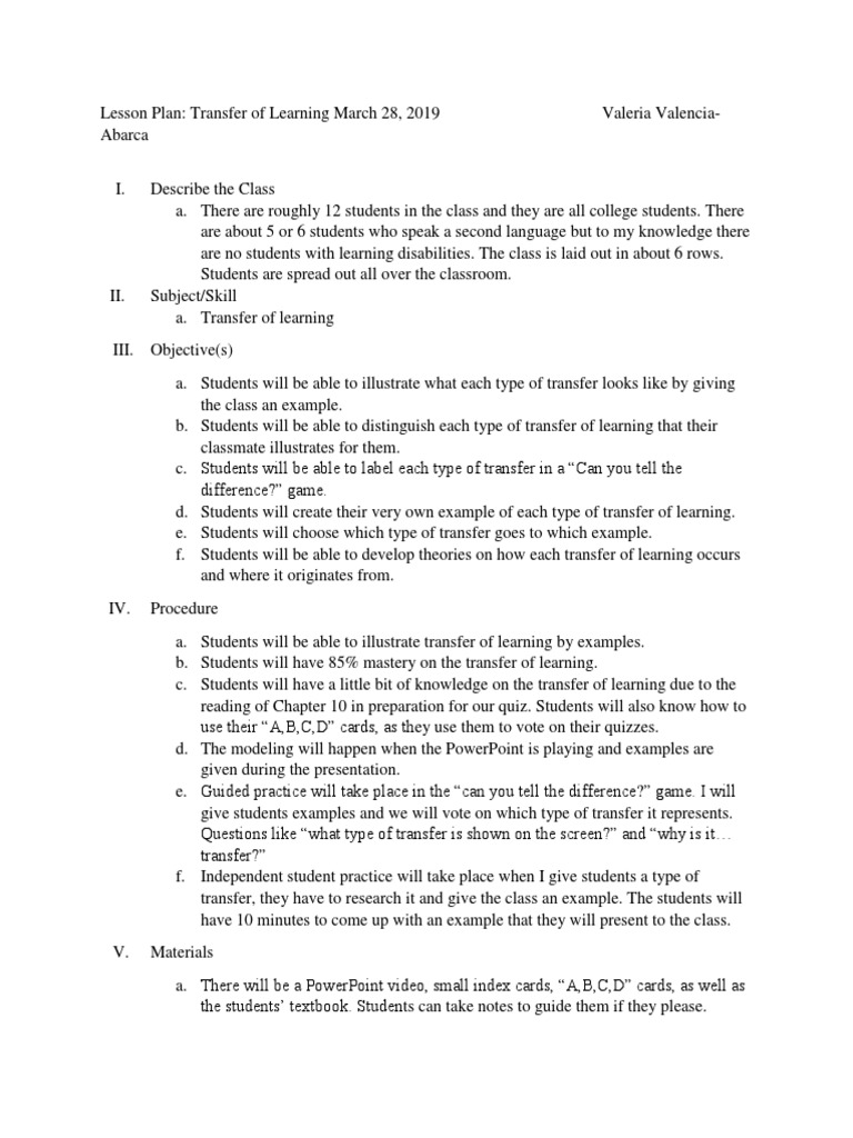 Lesson Plan Transfer of Learning | PDF | Lesson Plan | Educational ...