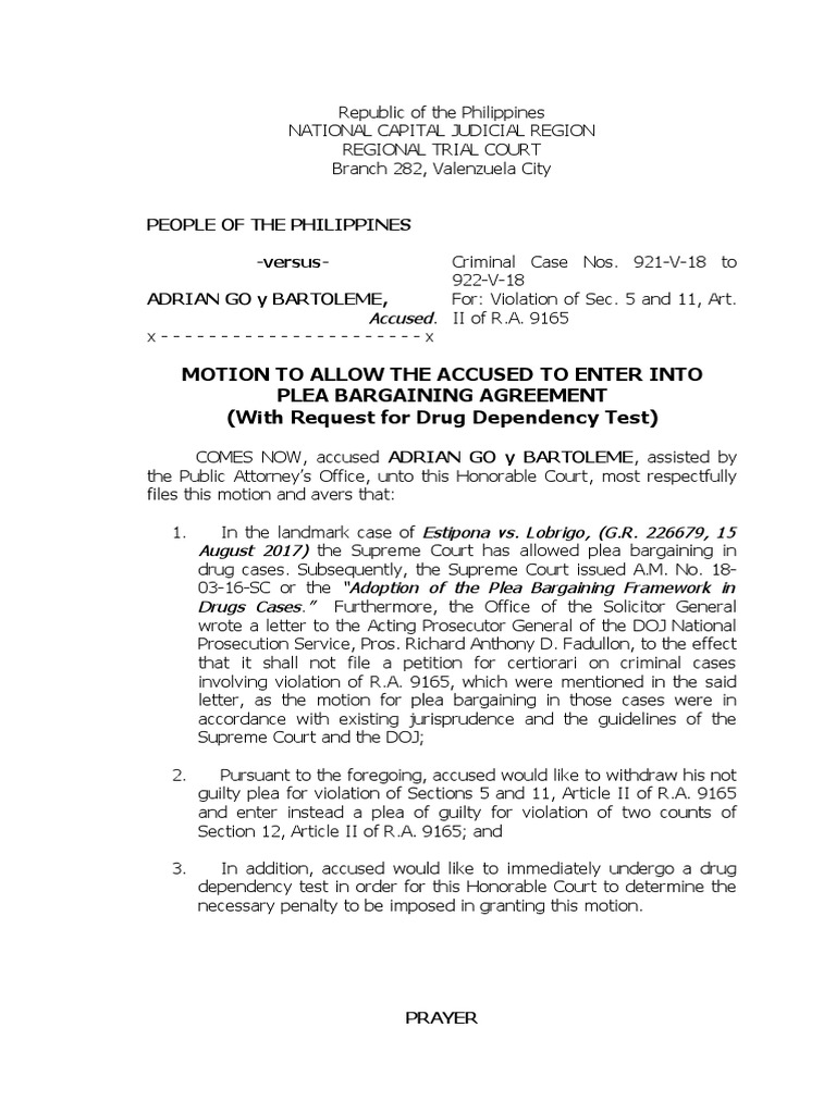 Motion For Plea Bargain Adrian Go | PDF | Plea Bargain | Plea