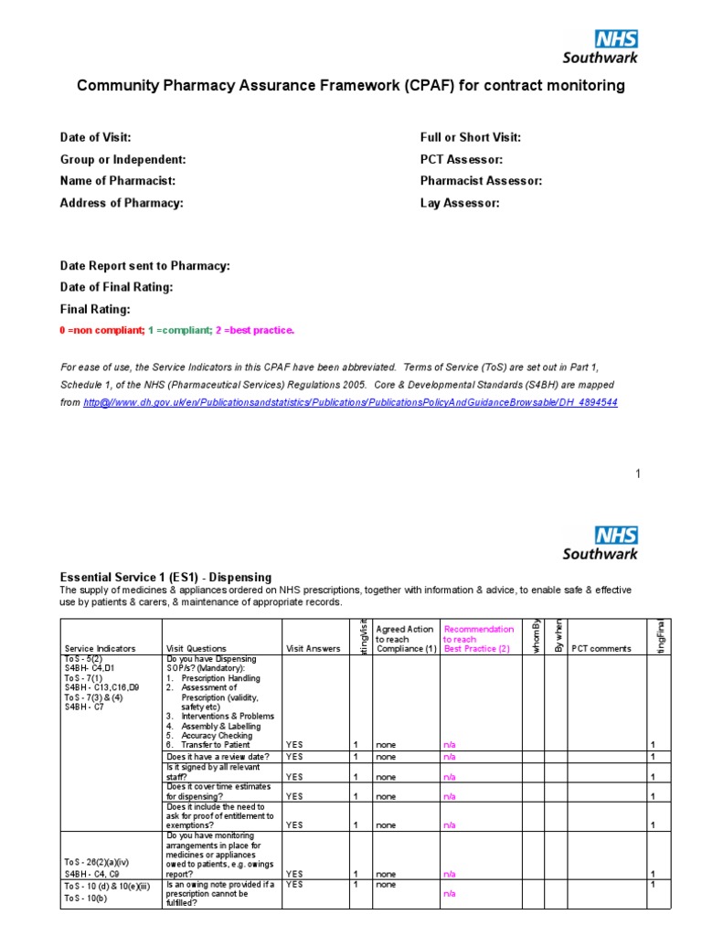 Community Pharmacy Assurance Framework (CPAF) For Contract Monitoring ...