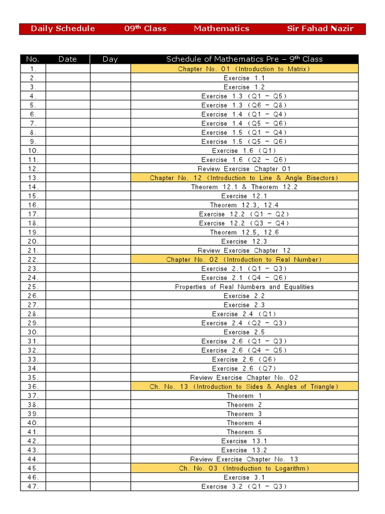 9th Math Schedule | PDF | Mathematical Concepts | Teaching Mathematics 9th Math Schedule | PDF | Mathematical Concepts | Teaching Mathematics