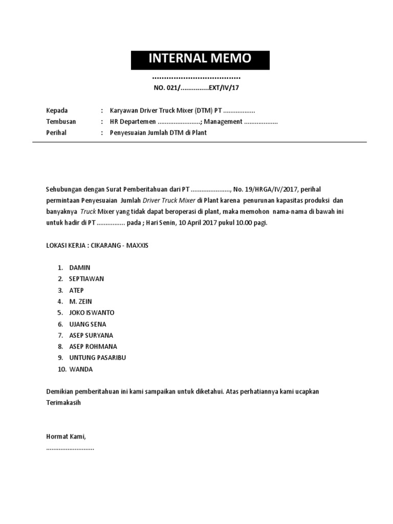 INTERNAL MEMO PENYESUAIAN DTM - MAXXIS CIKARANG | PDF