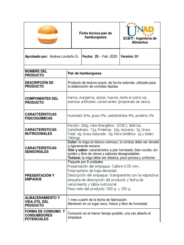 Ficha Técnica Pan de Hamburguesa | PDF
