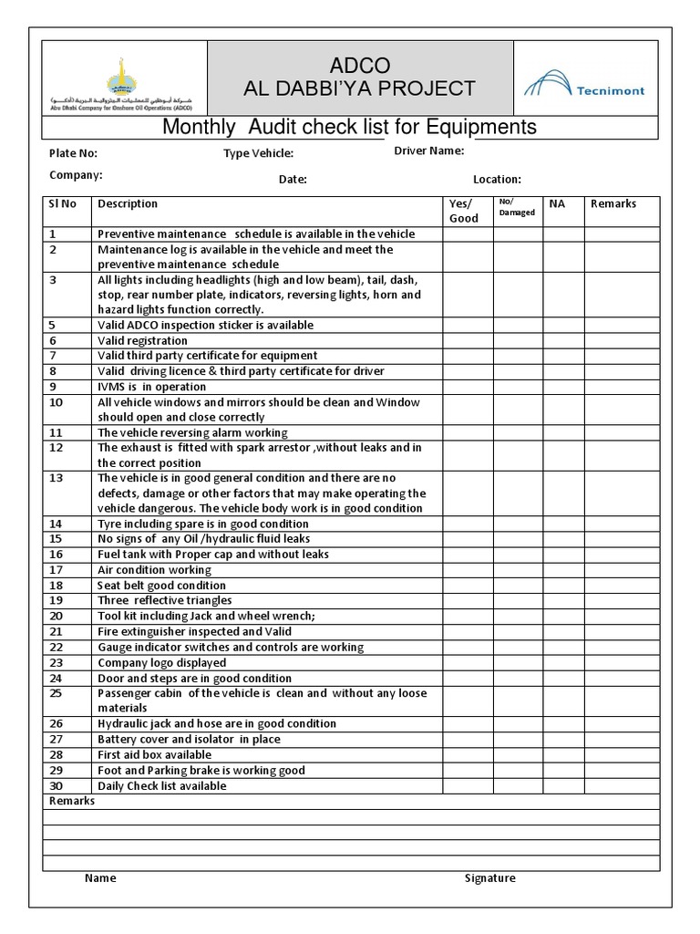 Equipment Monthly Inspection Checklist | PDF | Vehicles | Automotive ...