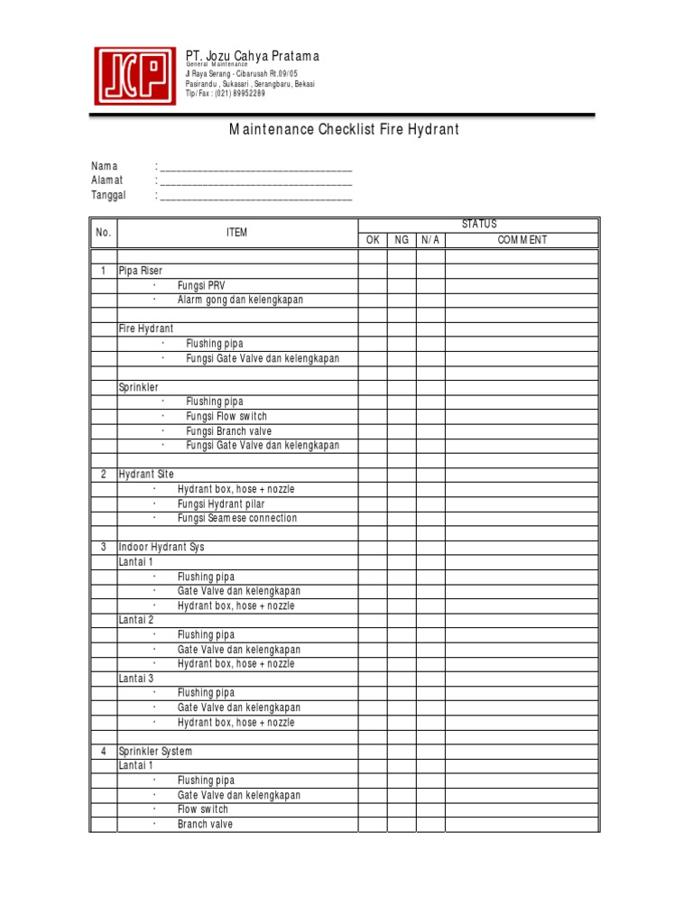 Checklist Pemeliharaan Hydrant Kebakaran | PDF