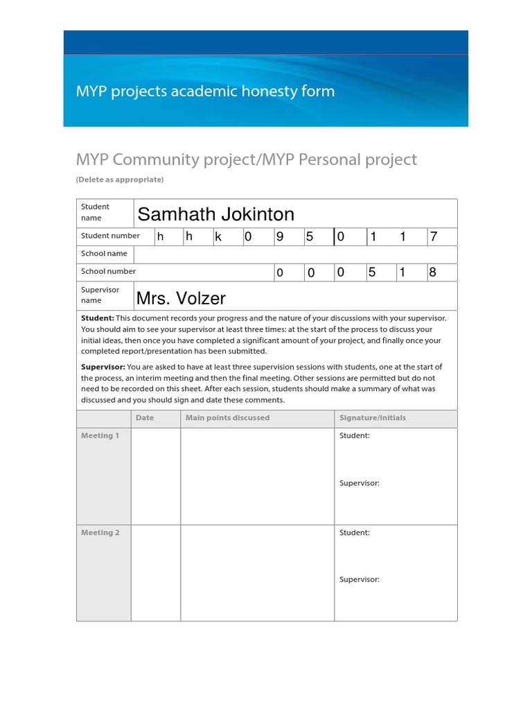 MYP Personal Project Academic Honesty Form SAMPLE | PDF