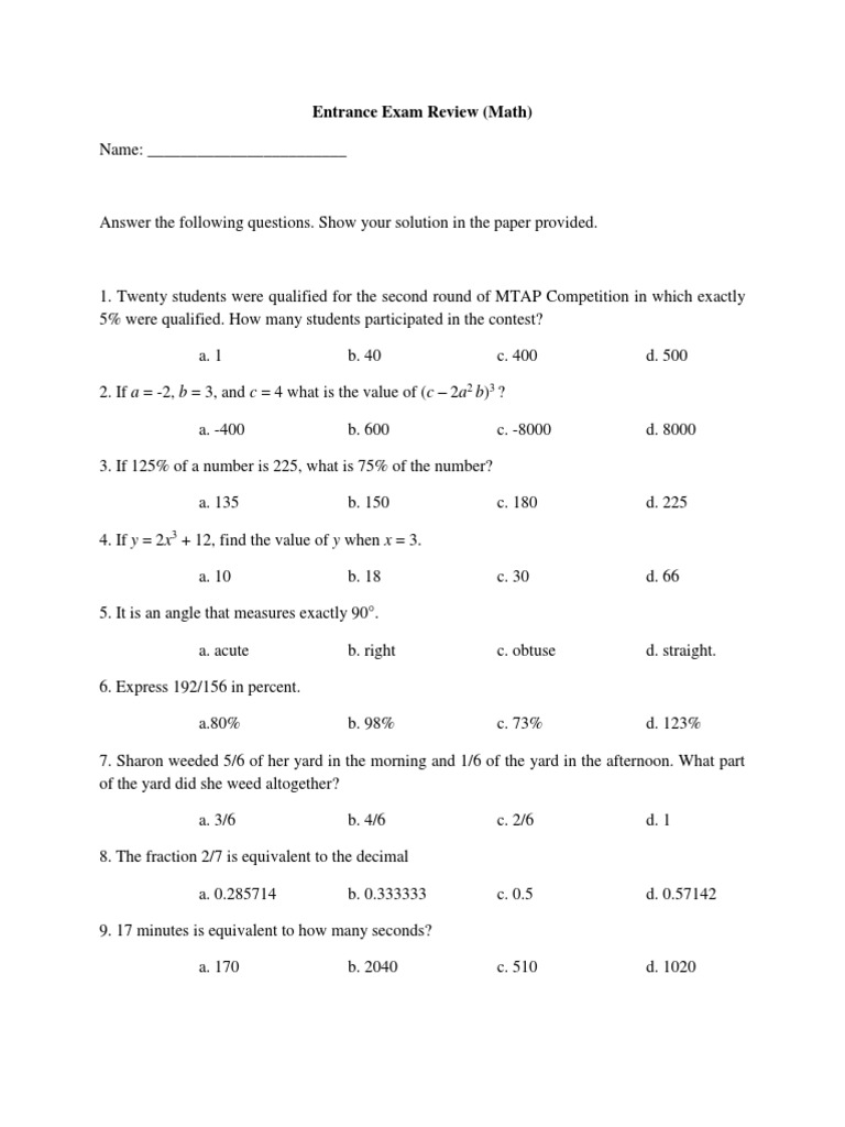 Entrance Exam Review For Math | PDF | Elementary Geometry | Teaching ...