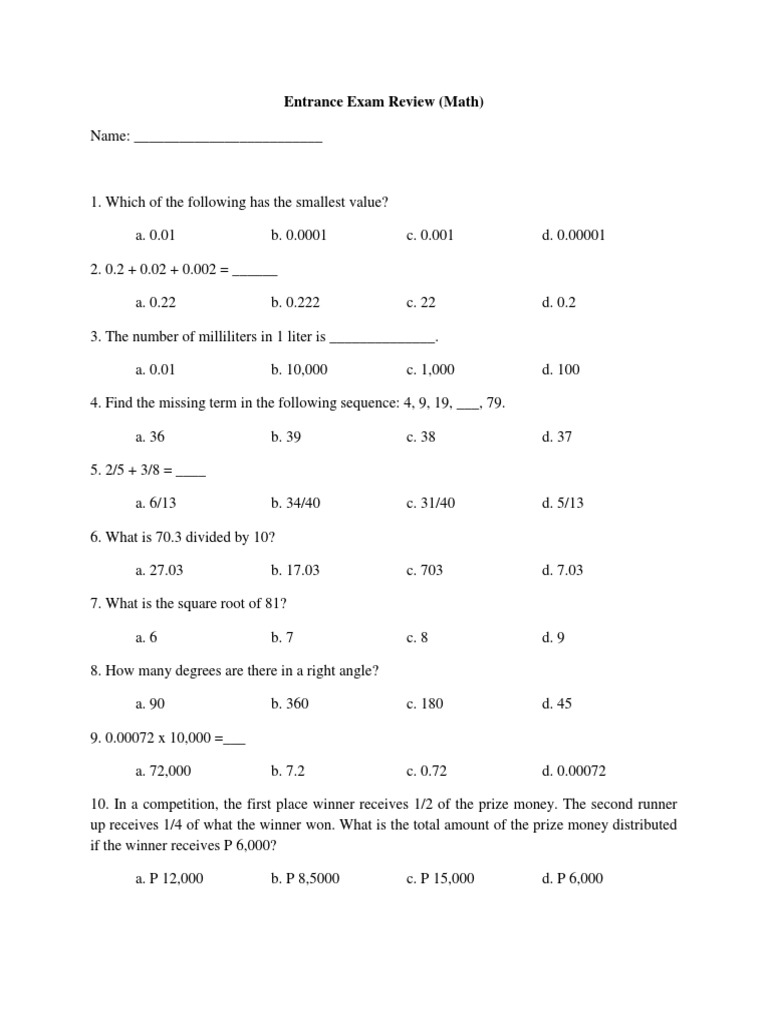 Math Entrance Exam Prep | PDF | Euclidean Geometry | Triangle Geometry