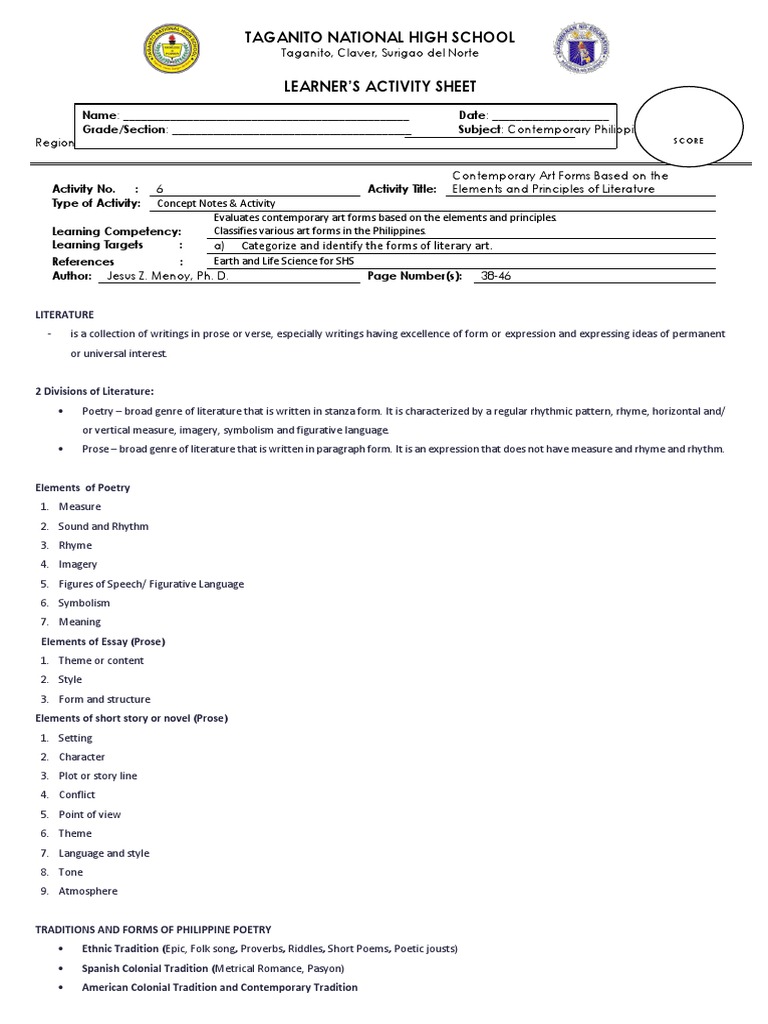 CPAR Learner's Activity Sheet 6 | PDF | Legends | Poetry