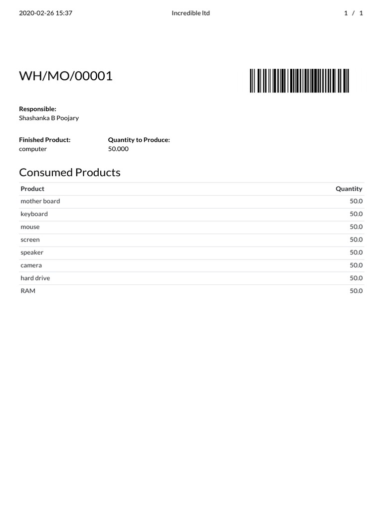 Production Order - WH - MO - 00001 | PDF