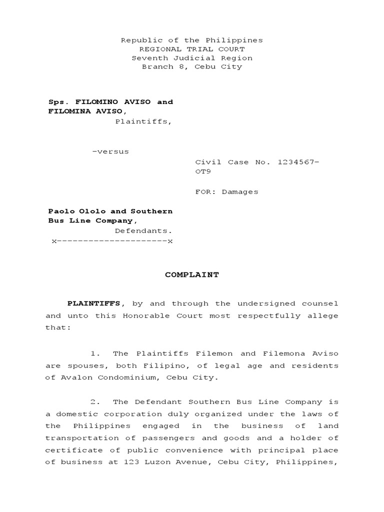 Complaint For Quasi-Delict | PDF | Negligence | Damages