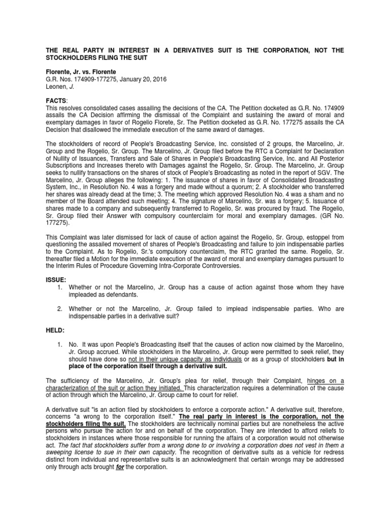 The Real Party in Interest in a Derivative Suit is the Corporation, Not ...