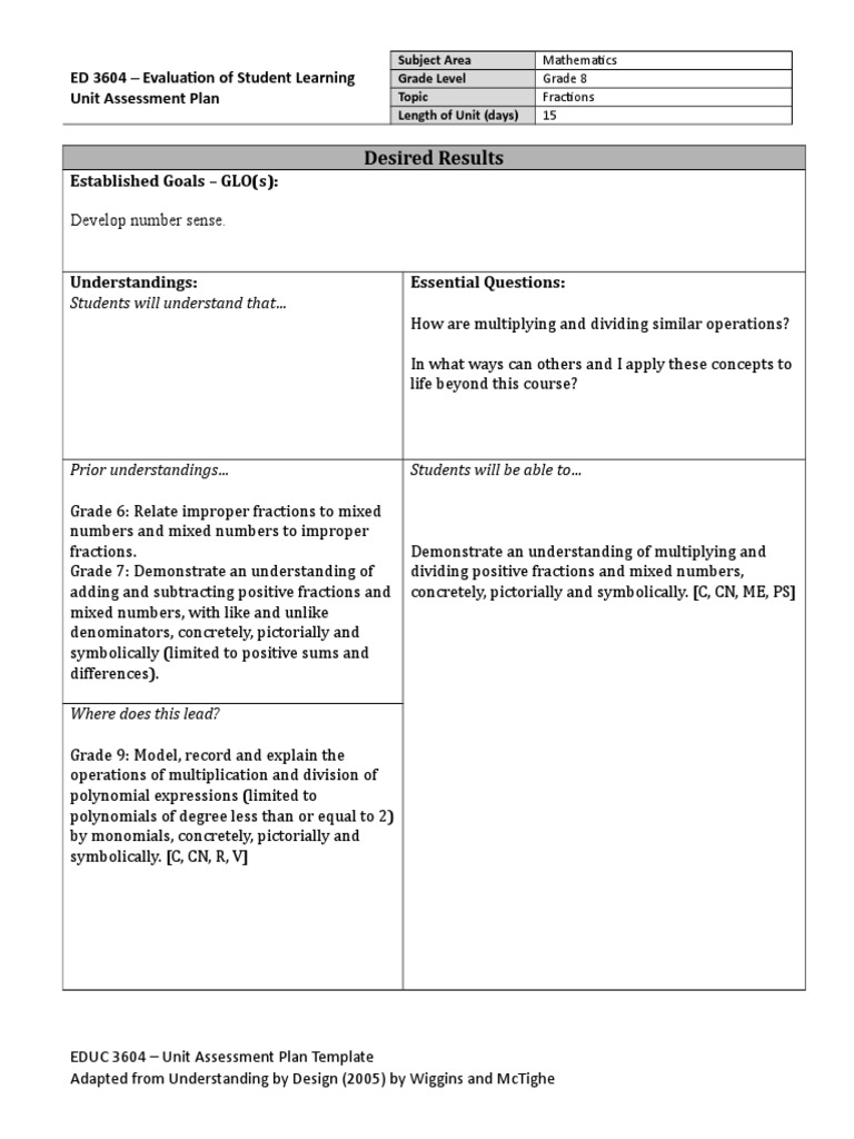 Unit Assessment Plan Grade 8 Fractions | PDF | Educational Assessment ...