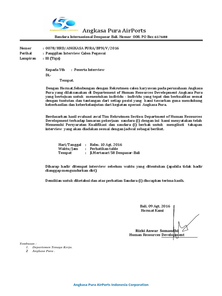 Surat Panggilan Interview Calon Karyawan PT - Angkasa Pura | PDF