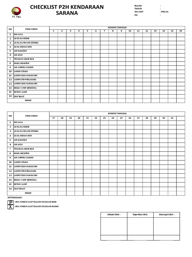 CHECKLIST INSPEKSI KENDARAAN BULANAN PT. PMJ | PDF