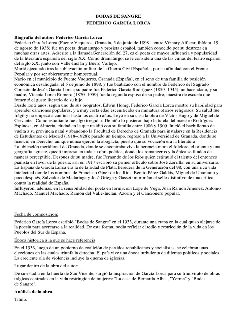 Análisis de Bodas de Sangre de Lorca | PDF | Federico García Lorca | Poesía