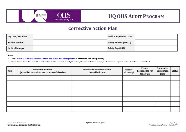 Corrective Action Plan Template | PDF | Occupational Safety And Health ...