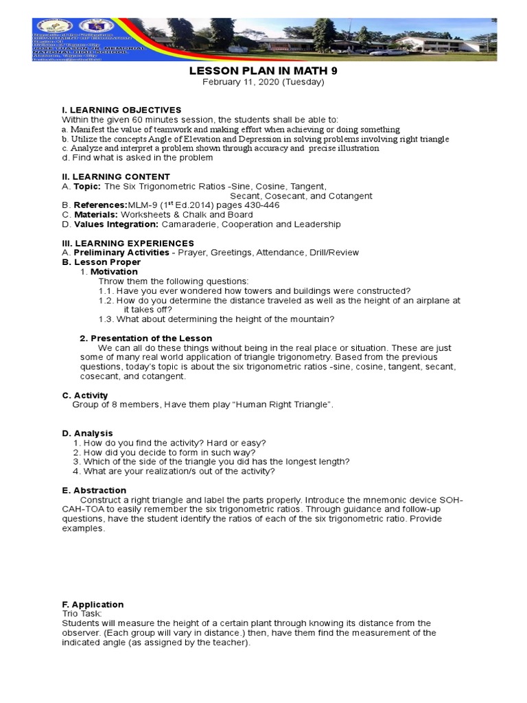Math 9 Lesson Plan: Trigonometric Ratios | PDF | Trigonometric ...